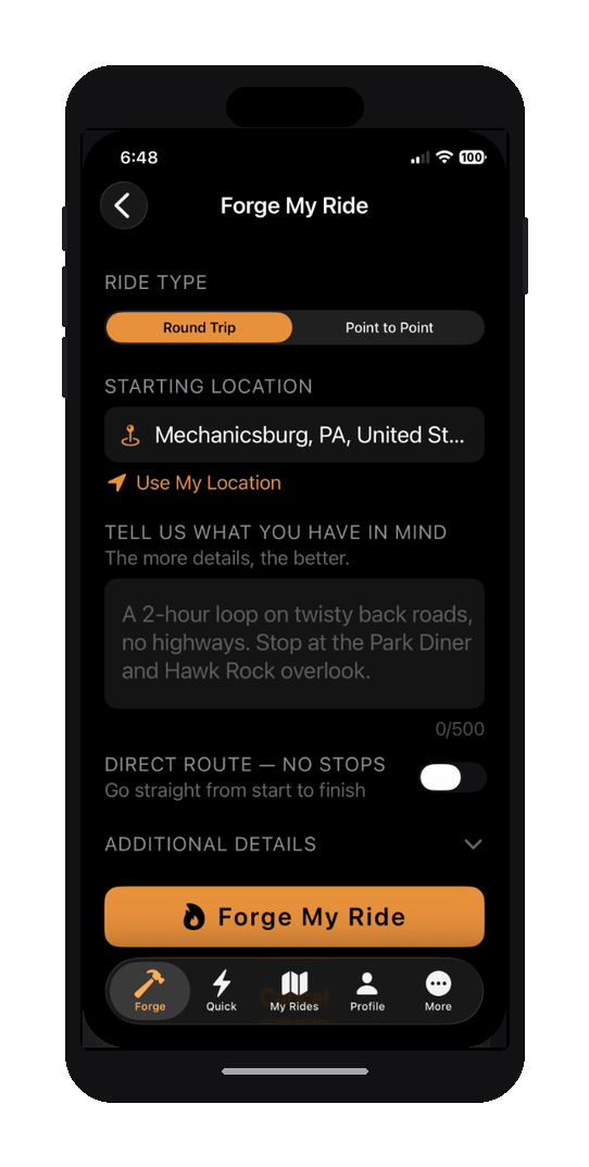 RideForgeApp | AI Motorcycle Route Planner for Cruisers